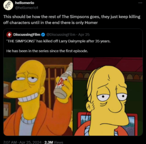 The Simpson character Larry the Barfly dies after 35 years